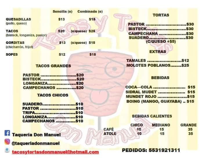 Carta del restaurante Taquería Don Manuel, Ciudad del México, Zarco 65
