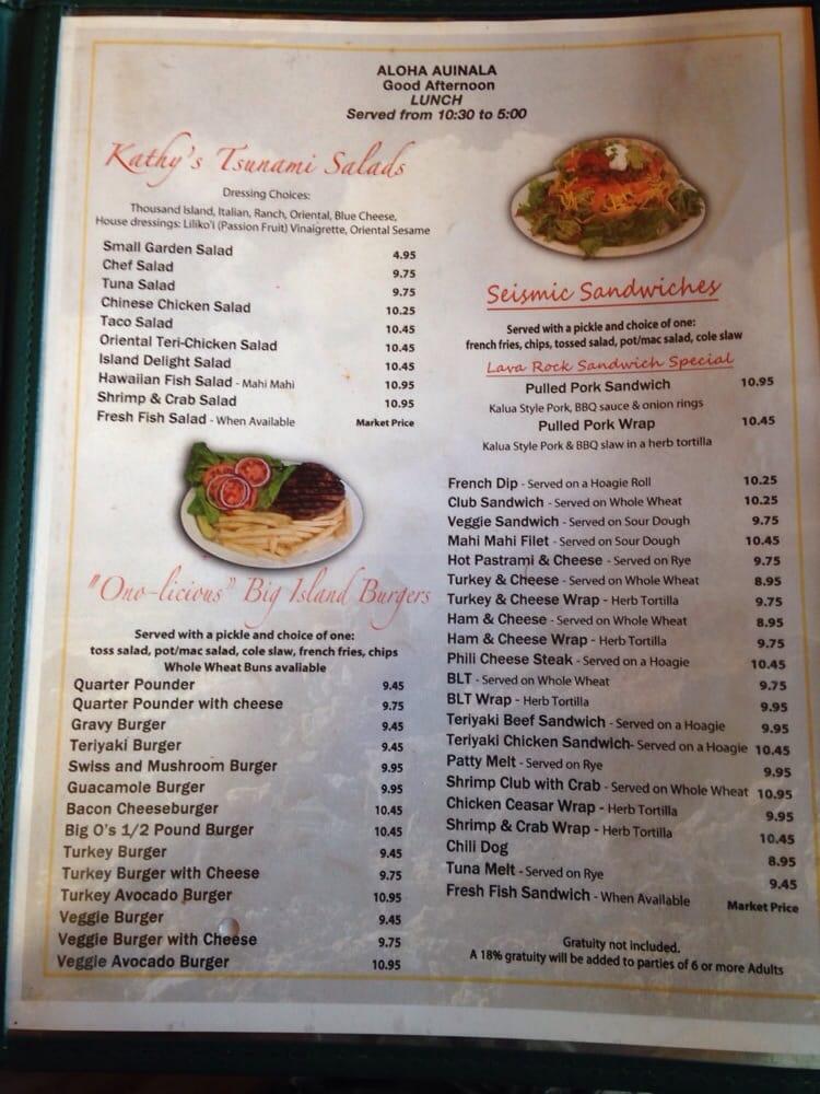 Menu at Volcano's Lava Rock Cafe, Volcano