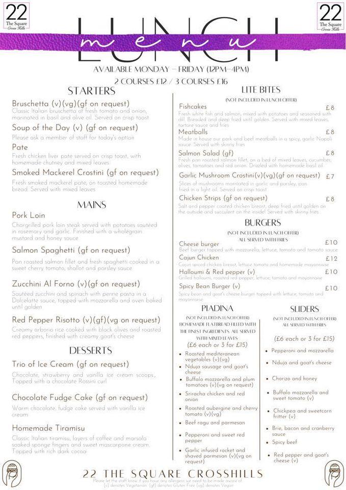 Menu at 22 The Square restaurant, Cross Hills