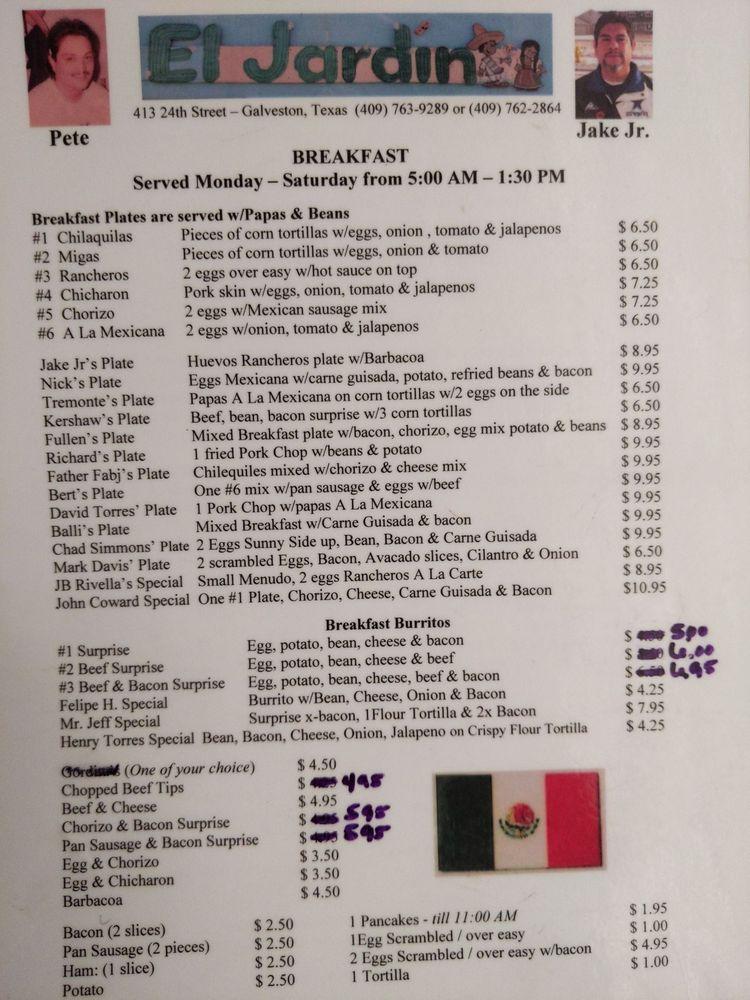 Menu at El Jardin Mexican Cafe, Galveston
