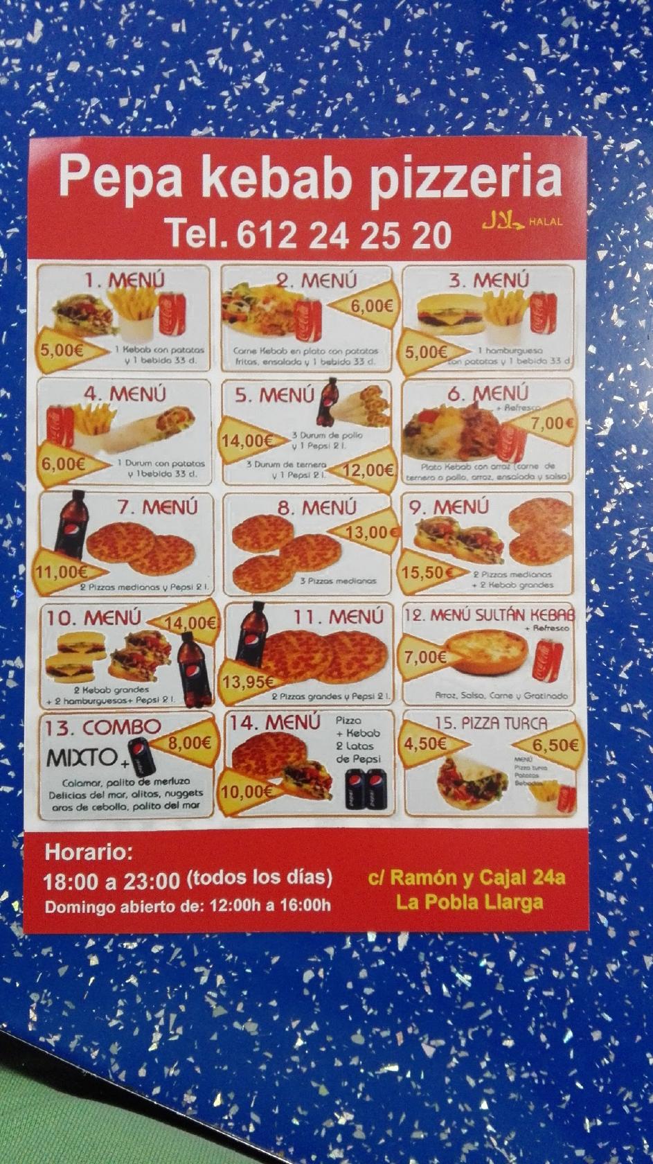 Menu at Pepa Kebab pizzeria, La Pobla Llarga
