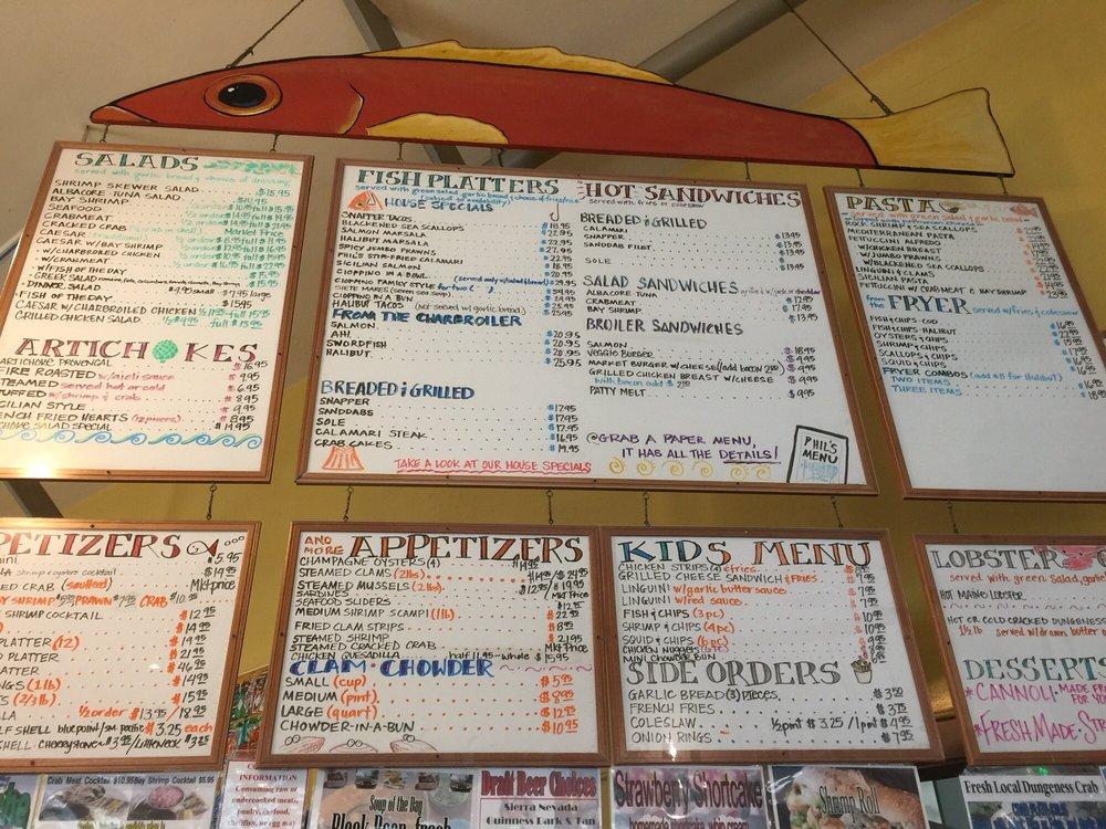 Menu at Phil's Fish Market restaurant, Moss Landing