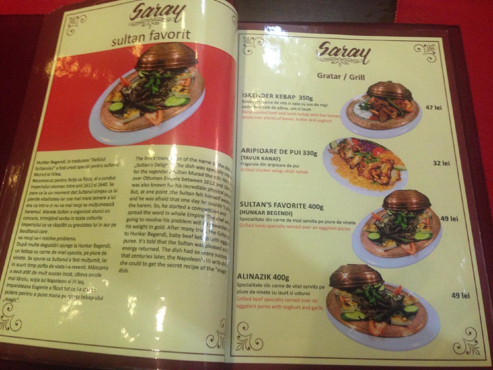 Menu at Saray, Bucharest