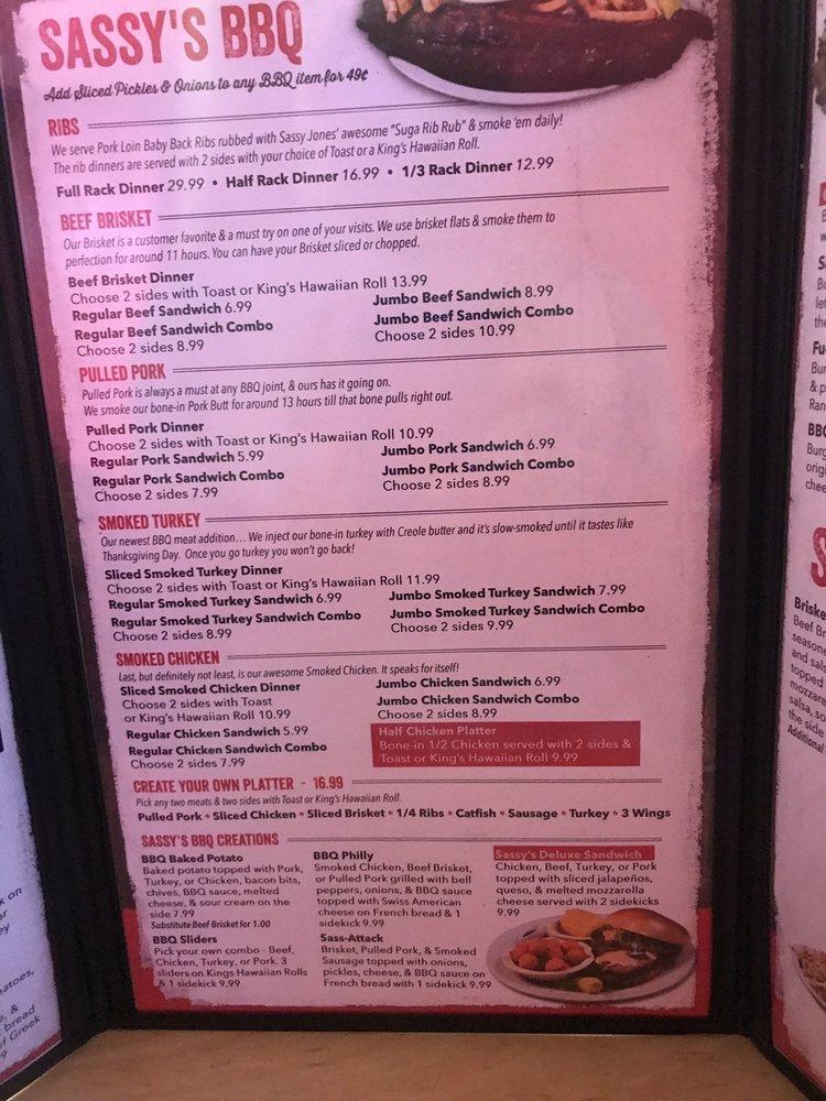 Menu at Sassy's Red House BBQ, Fayetteville
