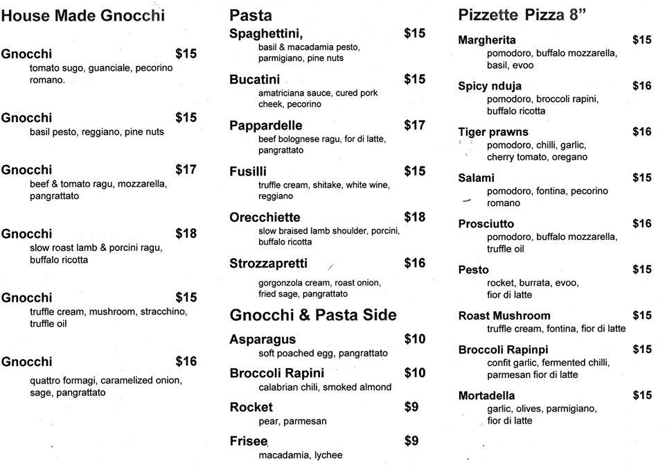 Menu at Sophia's Italian Bulimba restaurant, Brisbane City