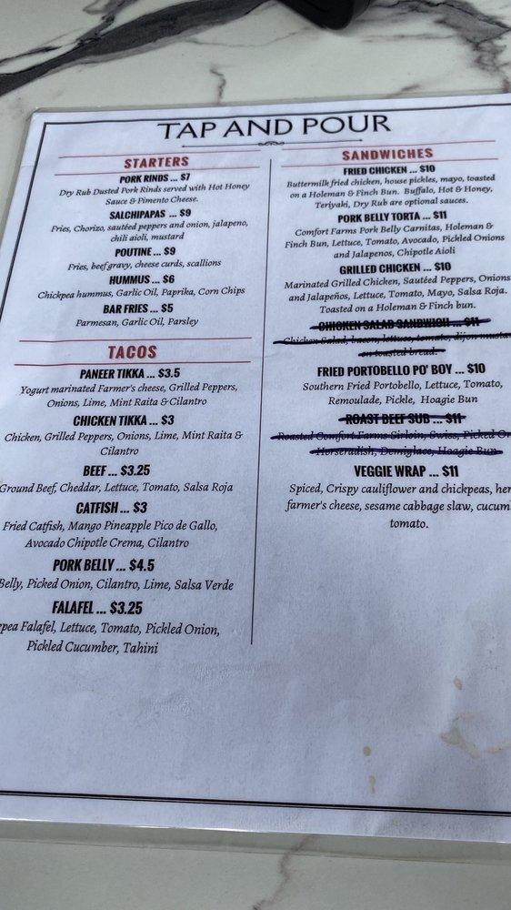 Menu at Tap and Pour pub & bar, Warner Robins