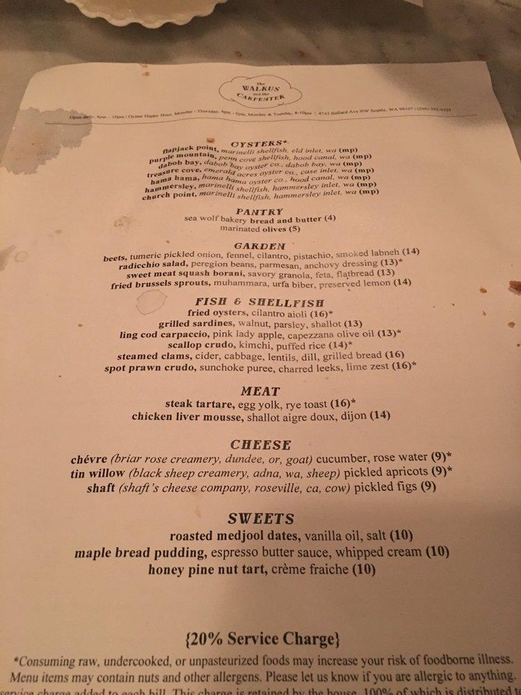 Menu at The Walrus and the Carpenter restaurant, Seattle