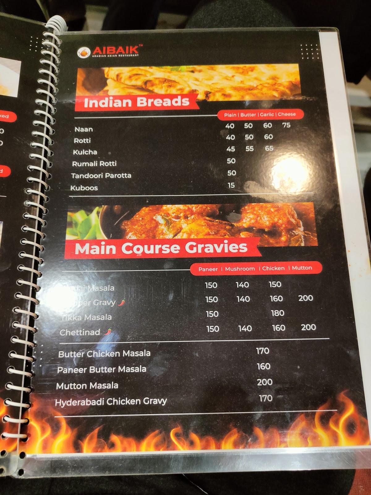 Menu at Aibaik, Sivakasi