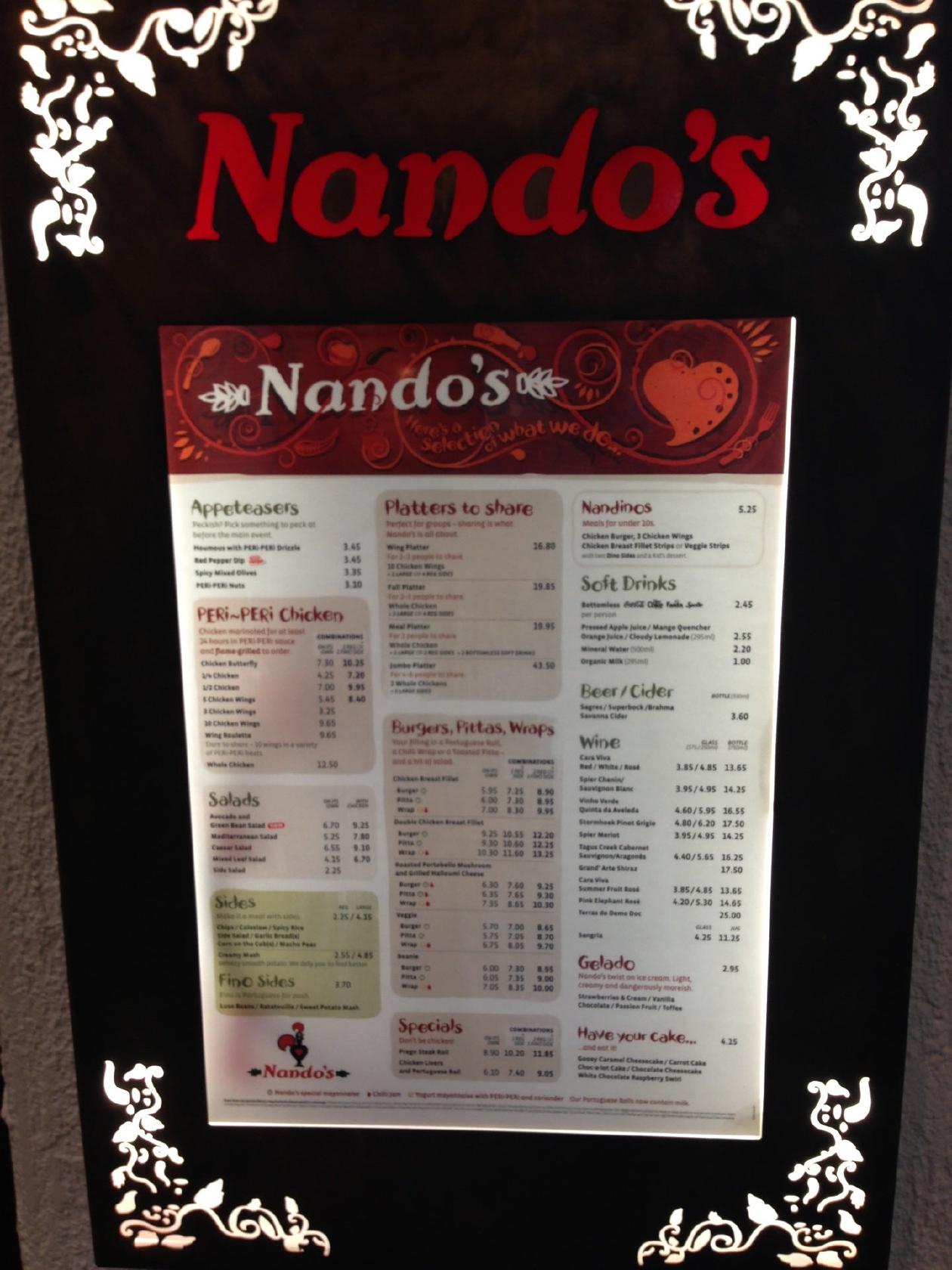 Menu at Nando's Luton fast food, Luton
