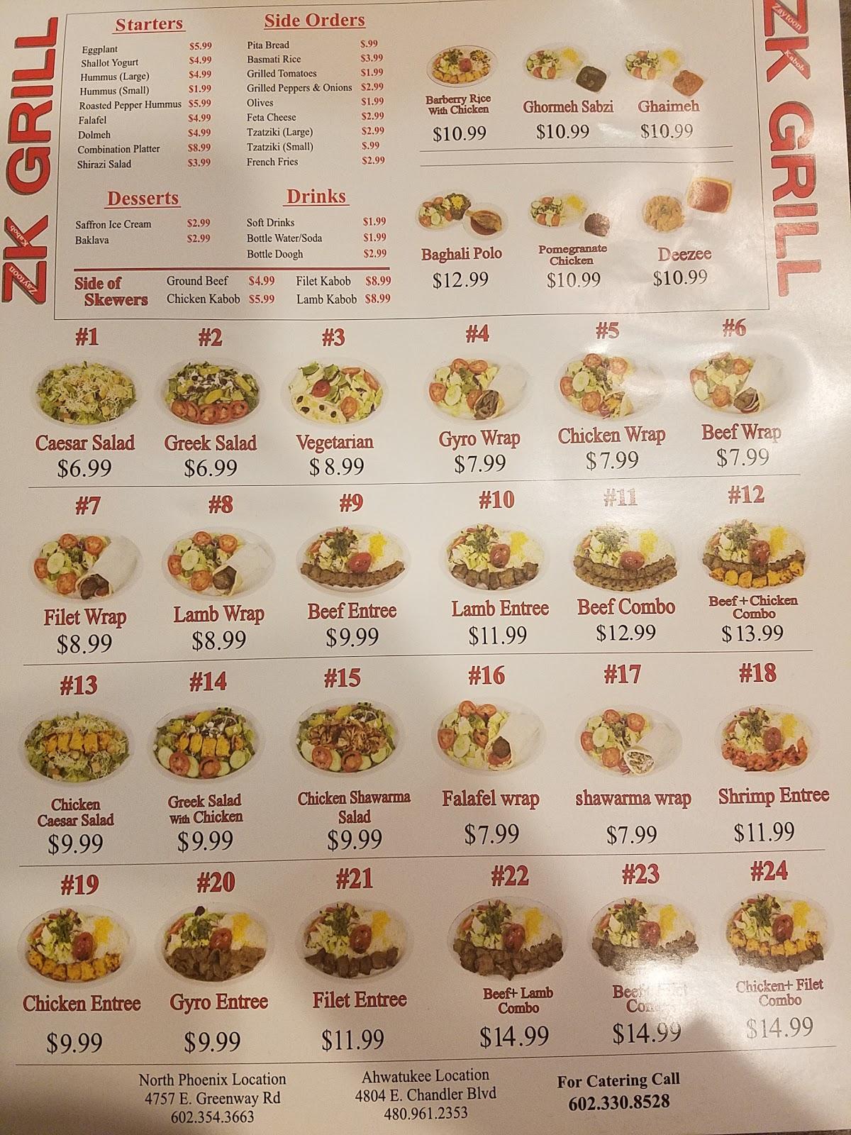 Menu at ZK Grill restaurant, Phoenix, E Greenway Rd