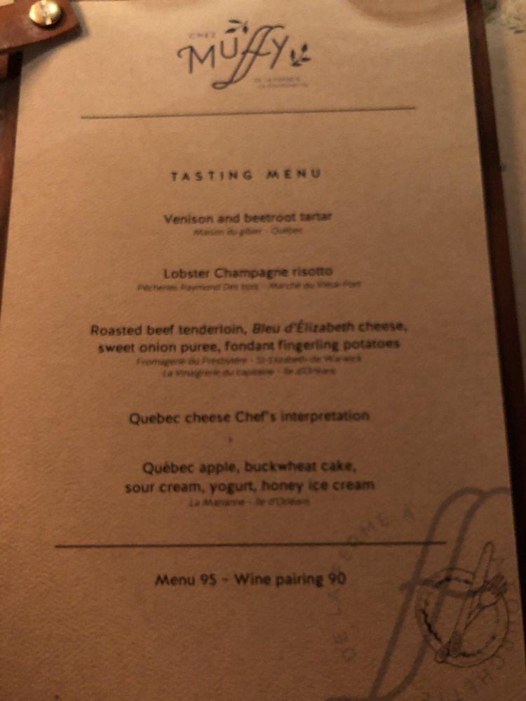 Menu at Chez Muffy restaurant, Québec City