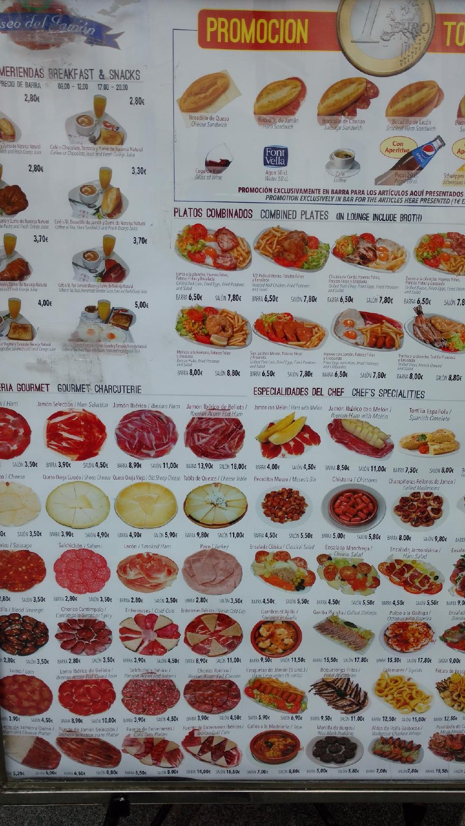 Menu at Chocolatería San Ginés cafe, Madrid, Pasadizo de San Ginés