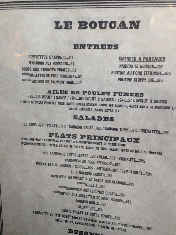 Menu at Le Boucan Smokehouse BBQ, Montréal, Notre-Dame St W