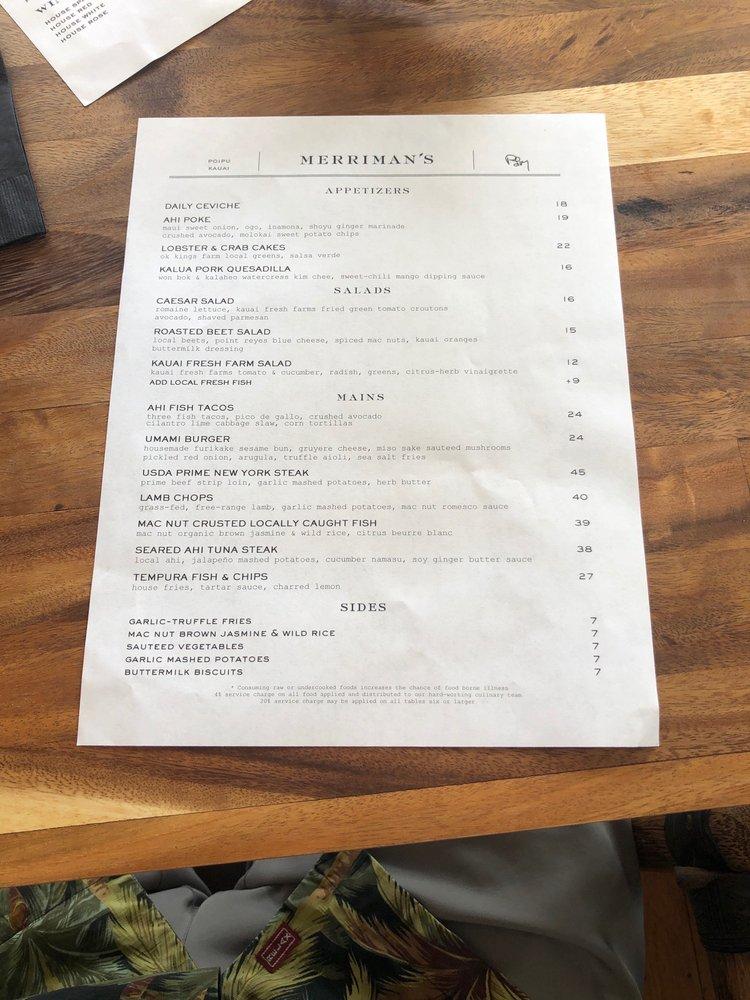 Menu at Merriman's Kauai restaurant, Koloa, Ala Kalanikaumaka St