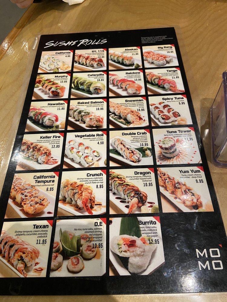 Menu at MoMo restaurant, Frisco