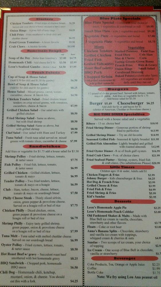 Menu at Big Time Diner restaurant, Mobile