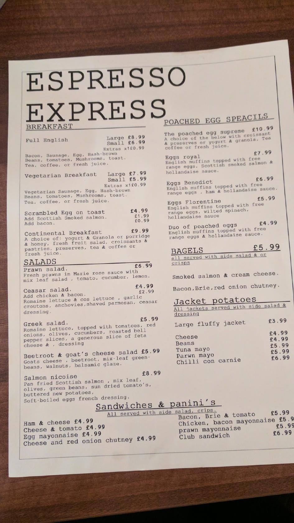 Menu at Espresso Express restaurant, Maidstone