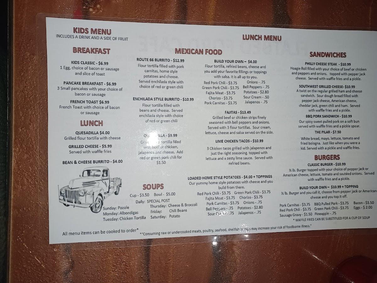 Menu at Flatbed Ford Cafe, Winslow