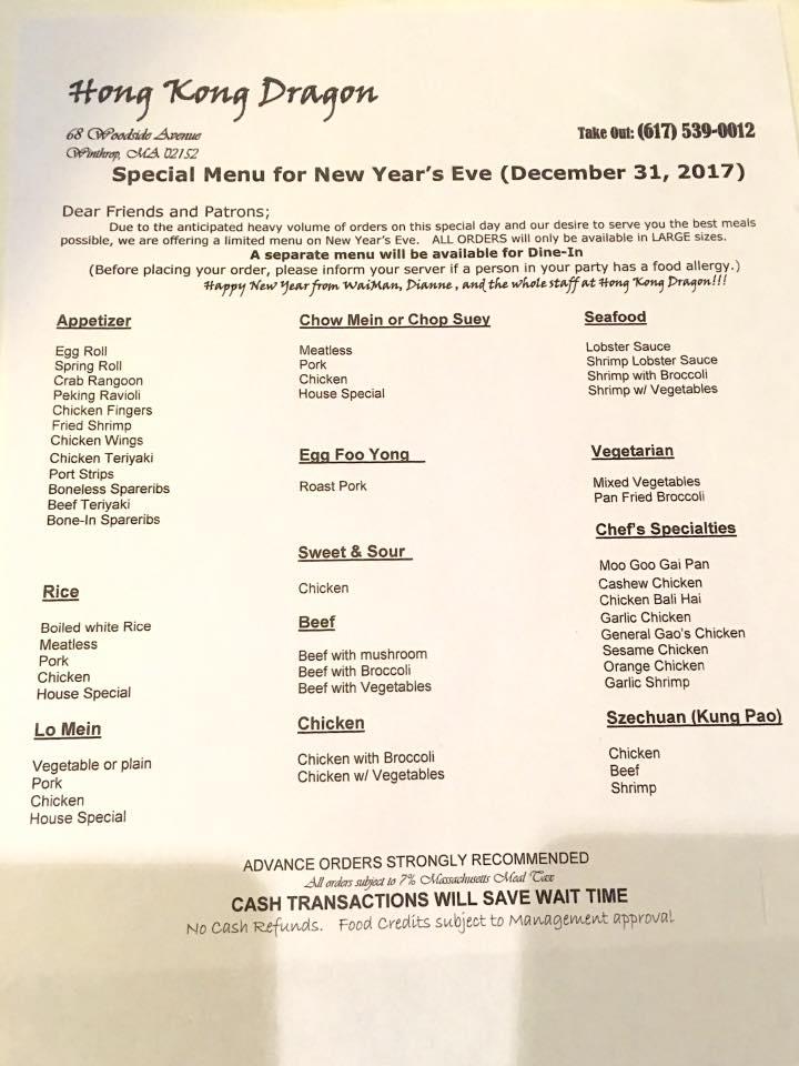 Menu at Hong Kong Dragon restaurant, Winthrop