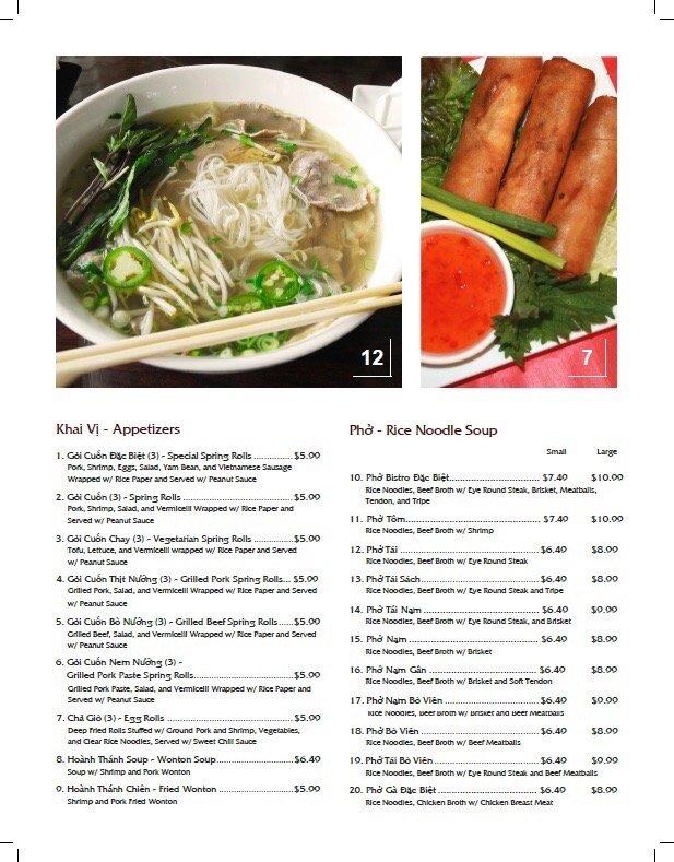 Menu at Phở Bistro Vietnamese Cuisine restaurant, Slidell, Gause Blvd