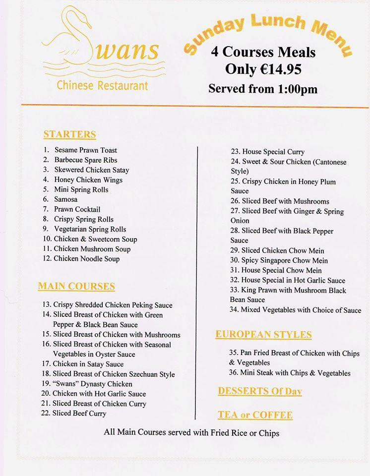 Menu at Swan's restaurant, Callan