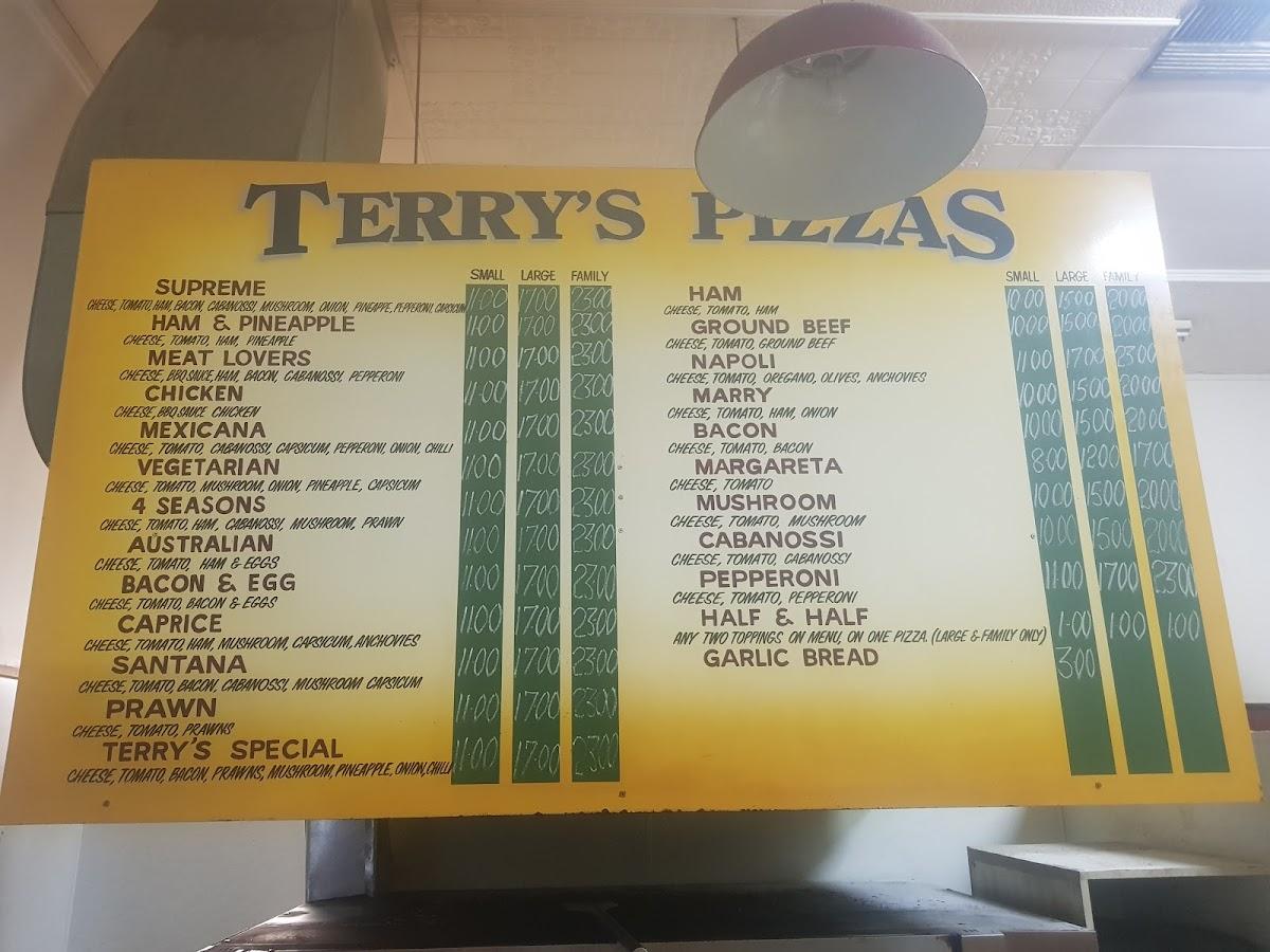 Menu at Terry's Pizza pizzeria, Gunnedah
