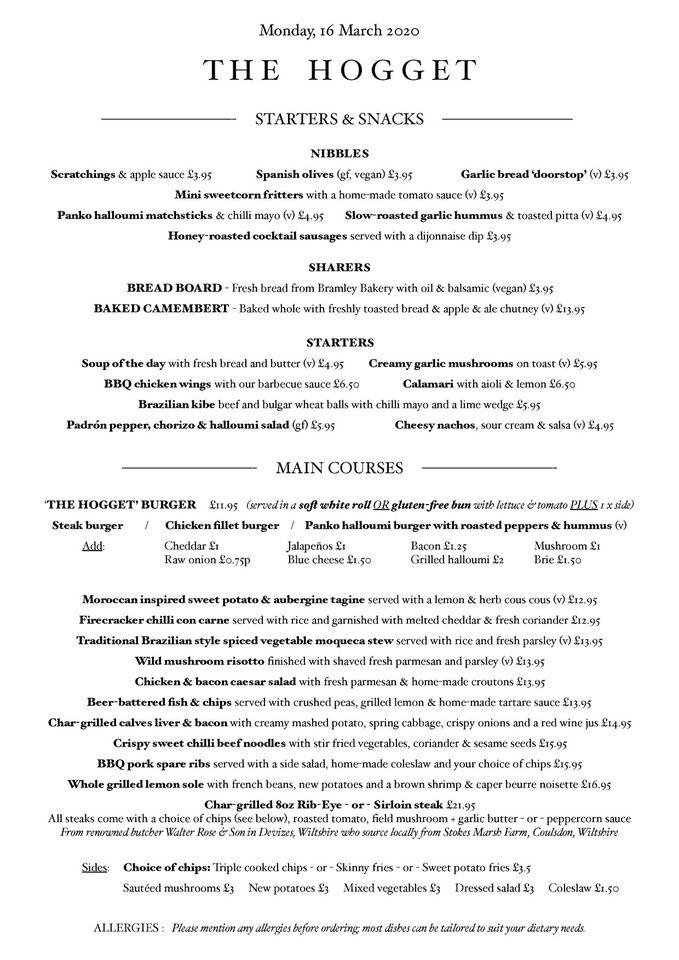 Menu at Hogget Hook Basingstoke pub & bar, Hook