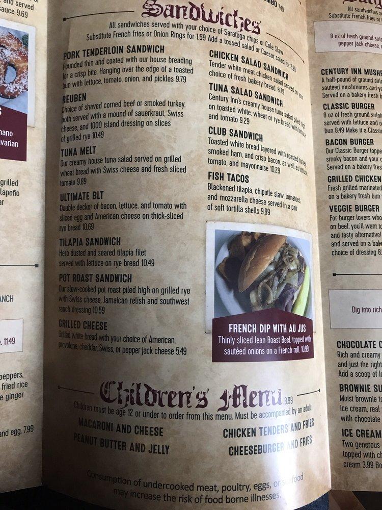 Menu at Century Inn Restaurant, Cincinnati, Springfield Pike