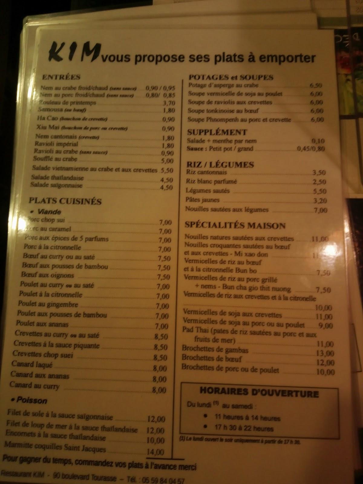 Menu au Restaurant Kim Pau, Pau