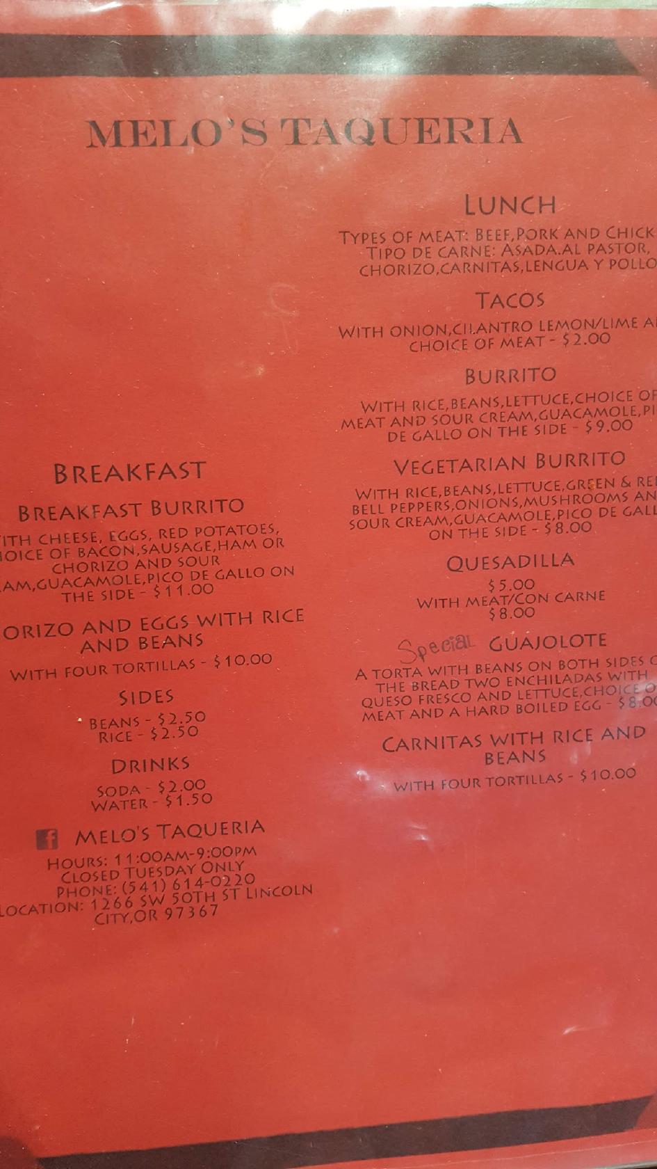 Menu at Melo's Taqueria restaurant, Lincoln City