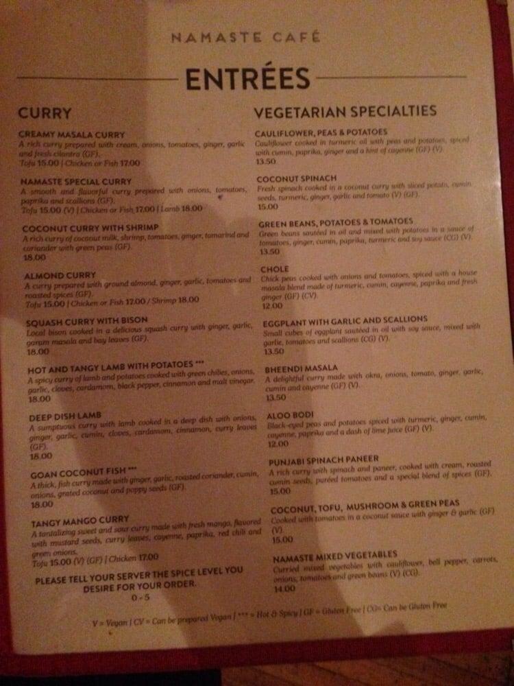 Menu at Namaste Cafe, Minneapolis