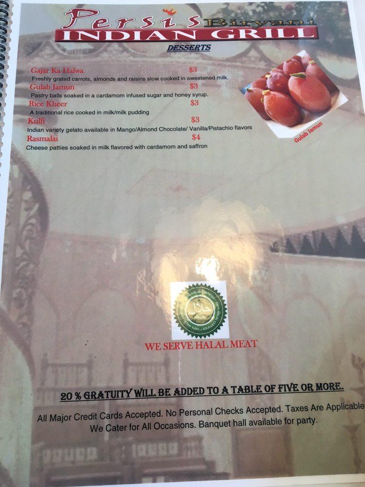 Menu at Persis Biryani Indian Grill restaurant, Greenville