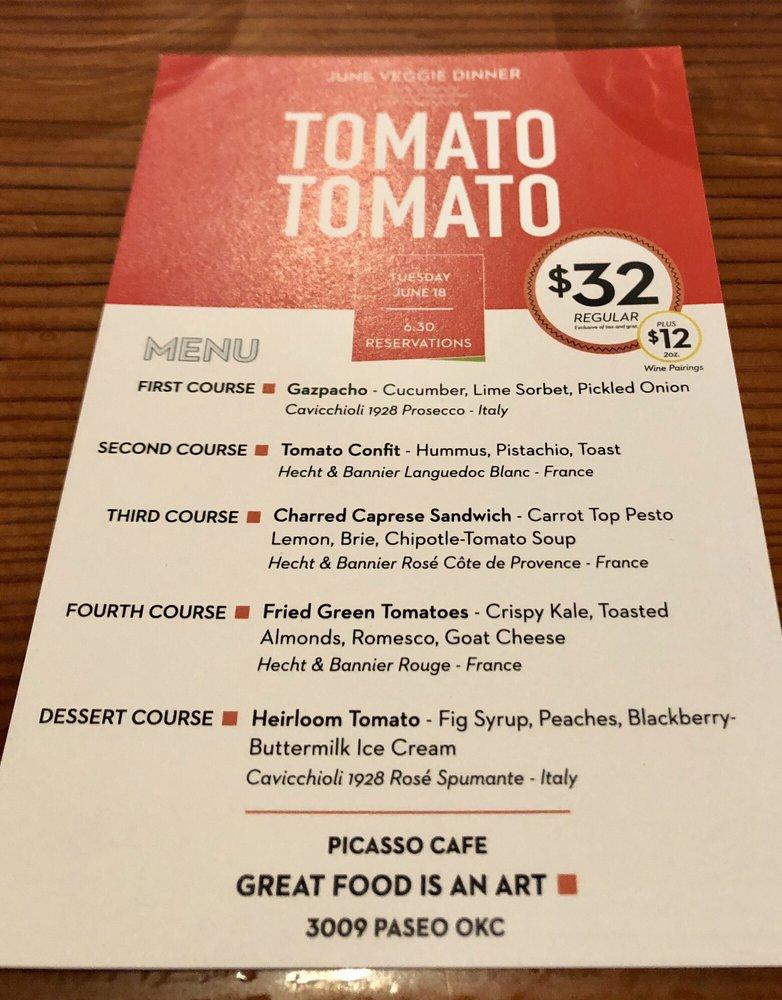 Menu at Picasso Cafe, Oklahoma City