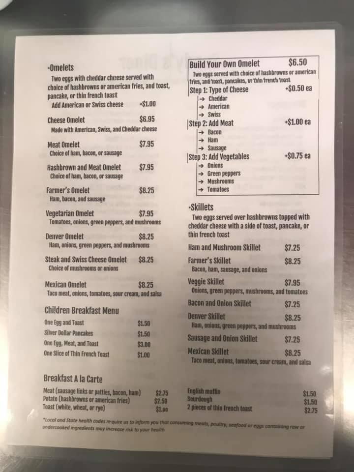 Menu at Sandy's Diner restaurant, Markesan