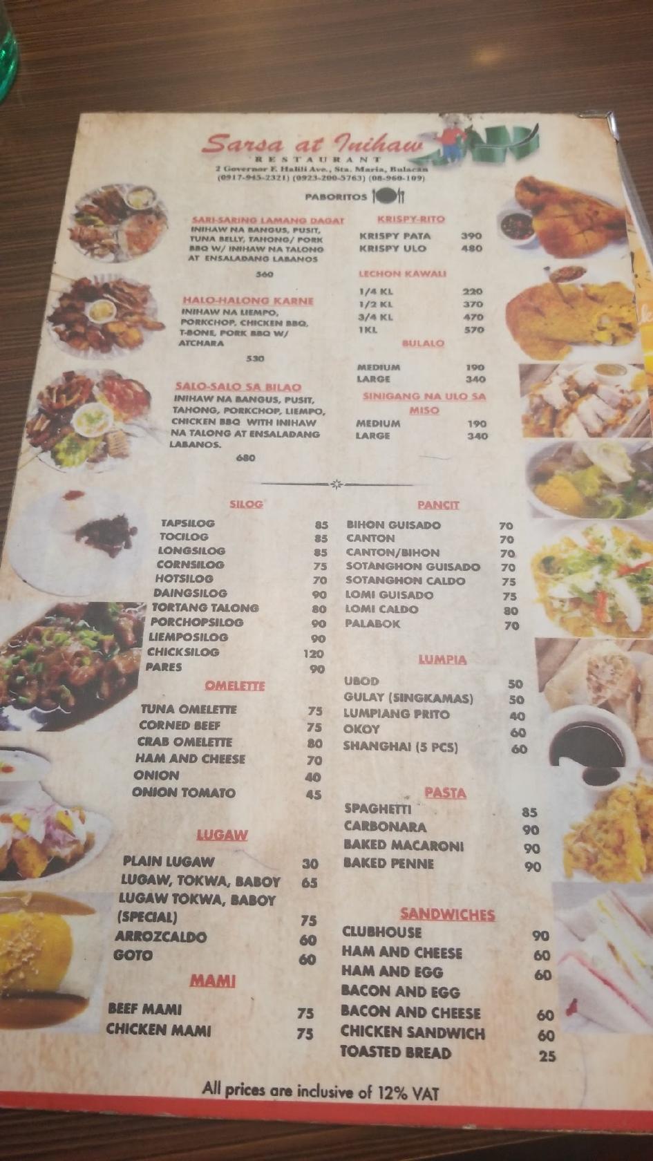Menu at Sarsa At Inihaw restaurant, Santa Maria, 2 Gov Fortunato Halili Ave