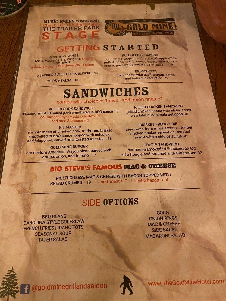 Menu at The Gold Mine Grill - Saloon - Hotel pub & bar, Idaho City