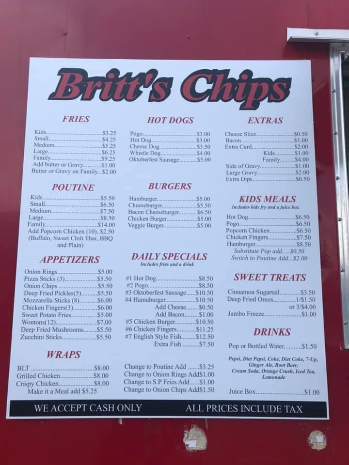 Menu at Britt's Chips restaurant, Smiths Falls, 10 Ferrara Dr