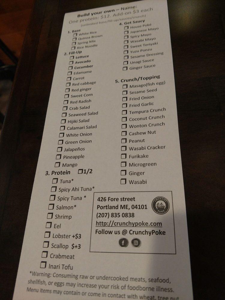 Menu at CRUNCHY POKÉ restaurant, Portland