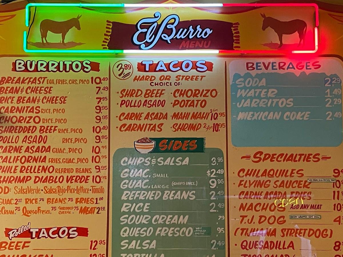 Menu at El Burro Uno restaurant, Pittsburgh, Federal St