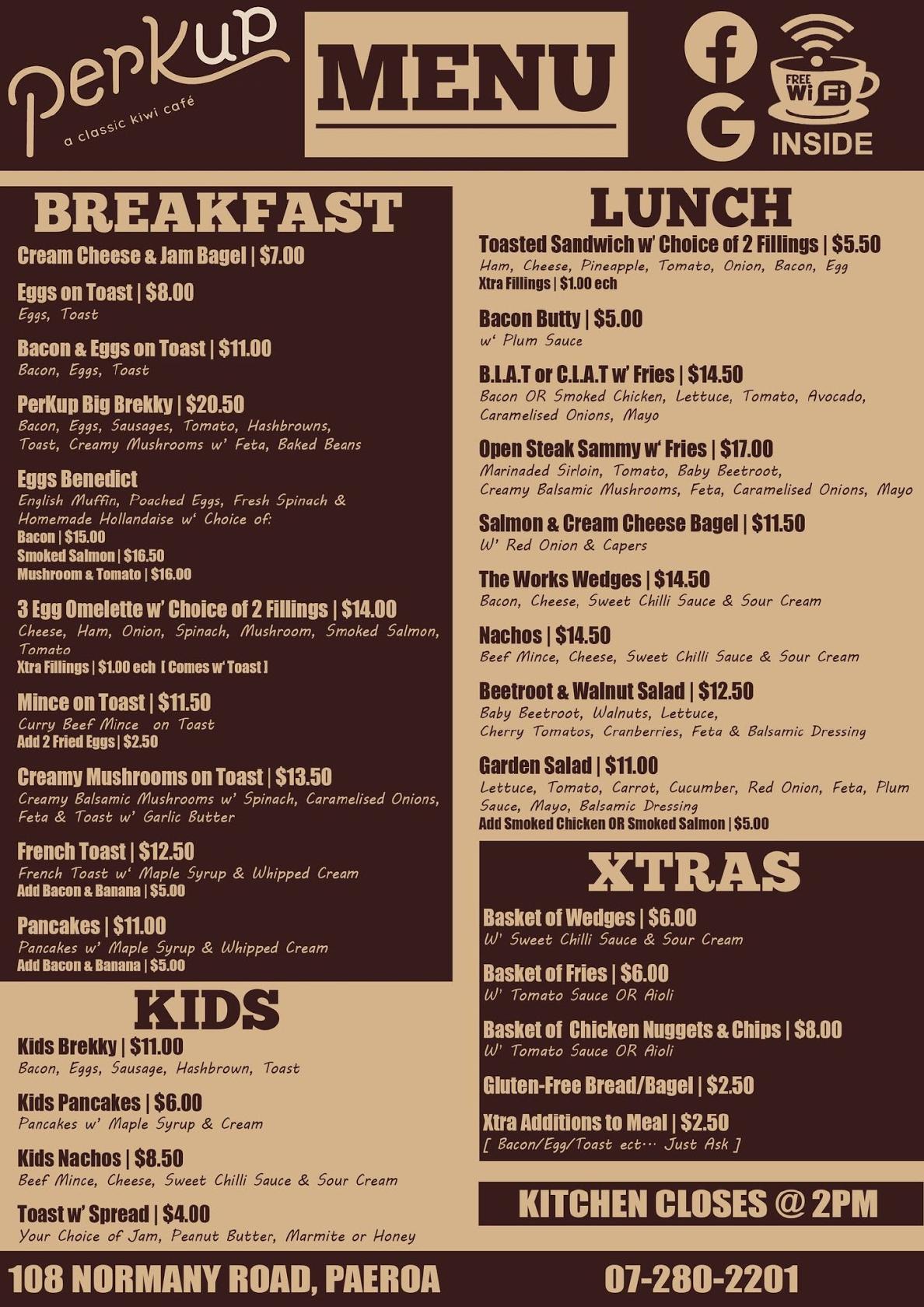 Menu at PerKup Paeroa cafe, Paeroa