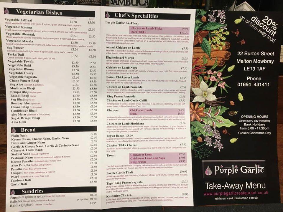 Menu at Purple Garlic restaurant, Melton Mowbray