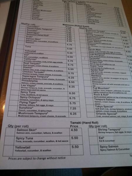 Menu at Sakura Asian Fusion restaurant, Bay Lake, E Orange Lake Blvd
