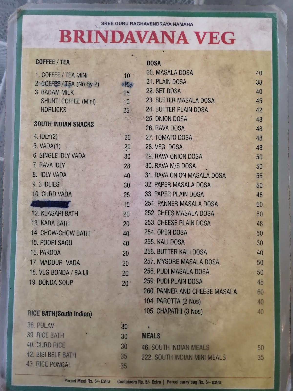 Menu at Sri Brindavan Vaibhav Veg, Bengaluru