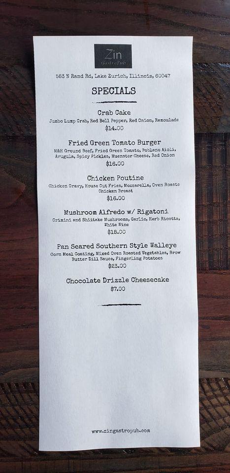 Menu at Zin GastroPub, Lake Zurich