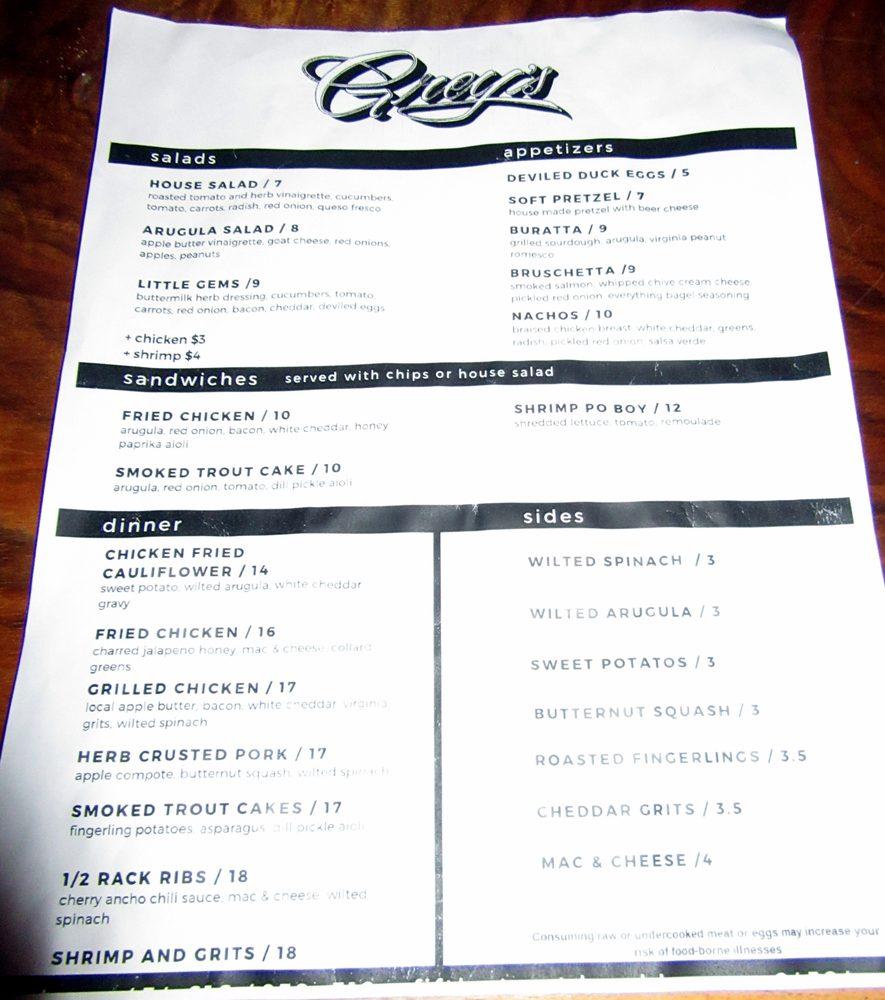 Menu at Grey's pub & bar, Lynchburg