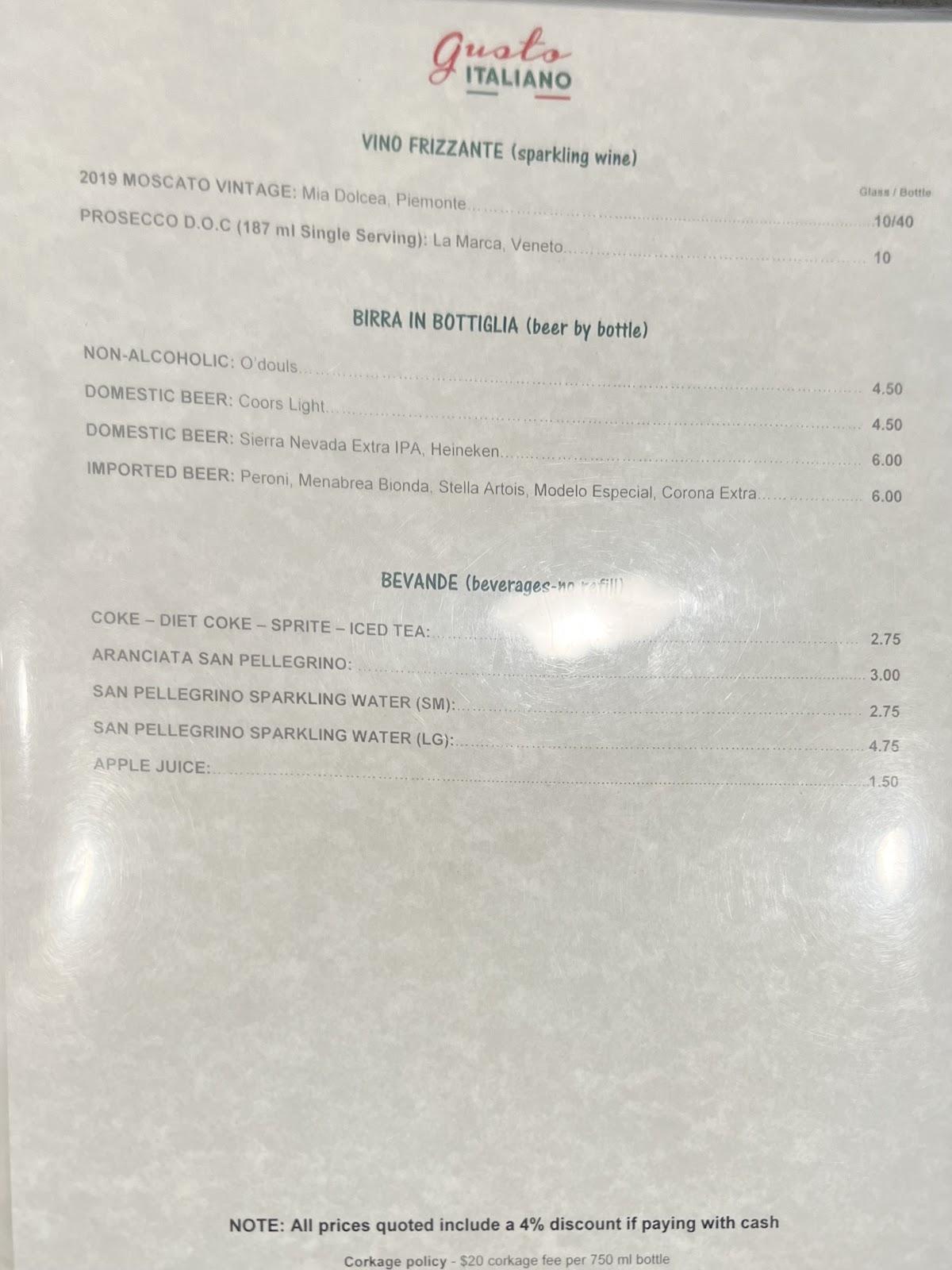 Menu at Gusto Italiano restaurant, Modesto