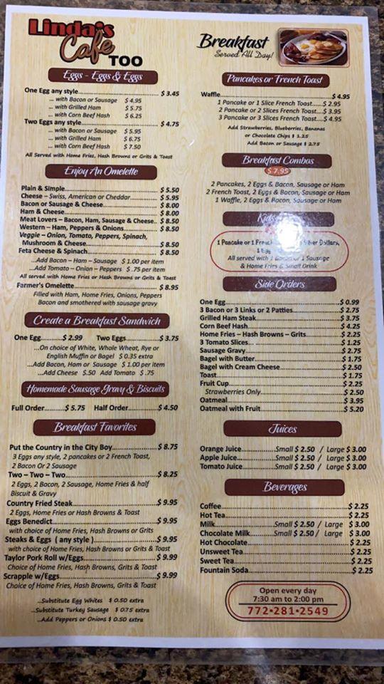 Menu at Linda's Cafe, Port St. Lucie