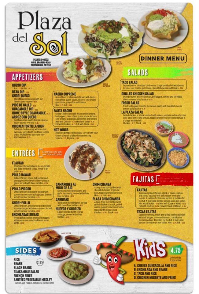 Menu at Plaza Del Sol restaurant, Chattanooga
