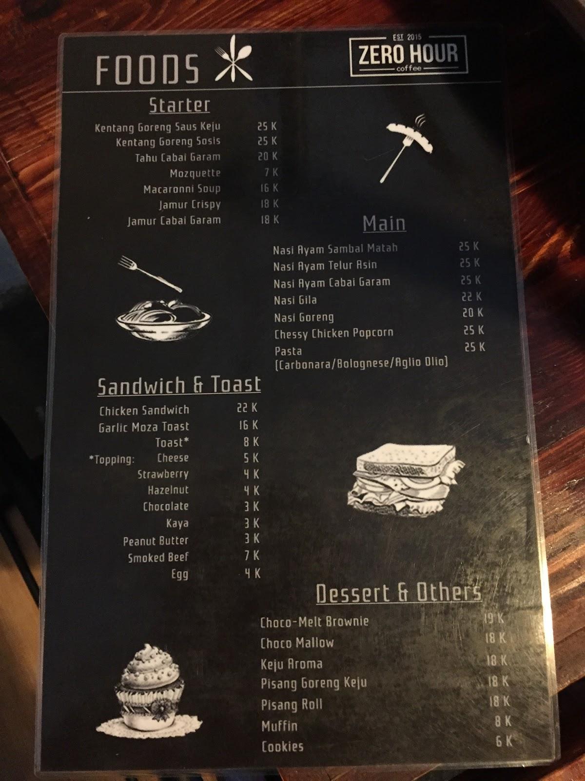 Menu at Zero Hour Coffee, Bandung, Jl. Terusan Martanegara No.20
