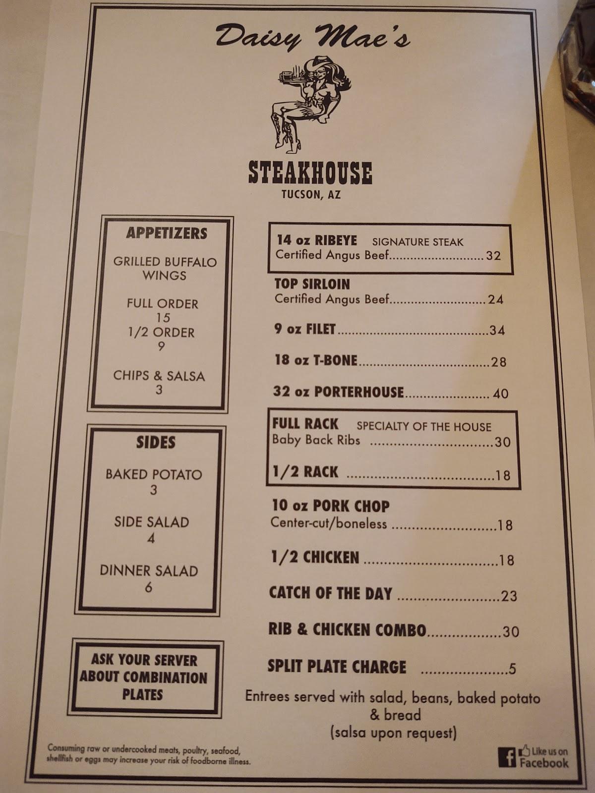 Menu at Daisy Mae's Steak House pub & bar, Tucson, W Anklam Rd